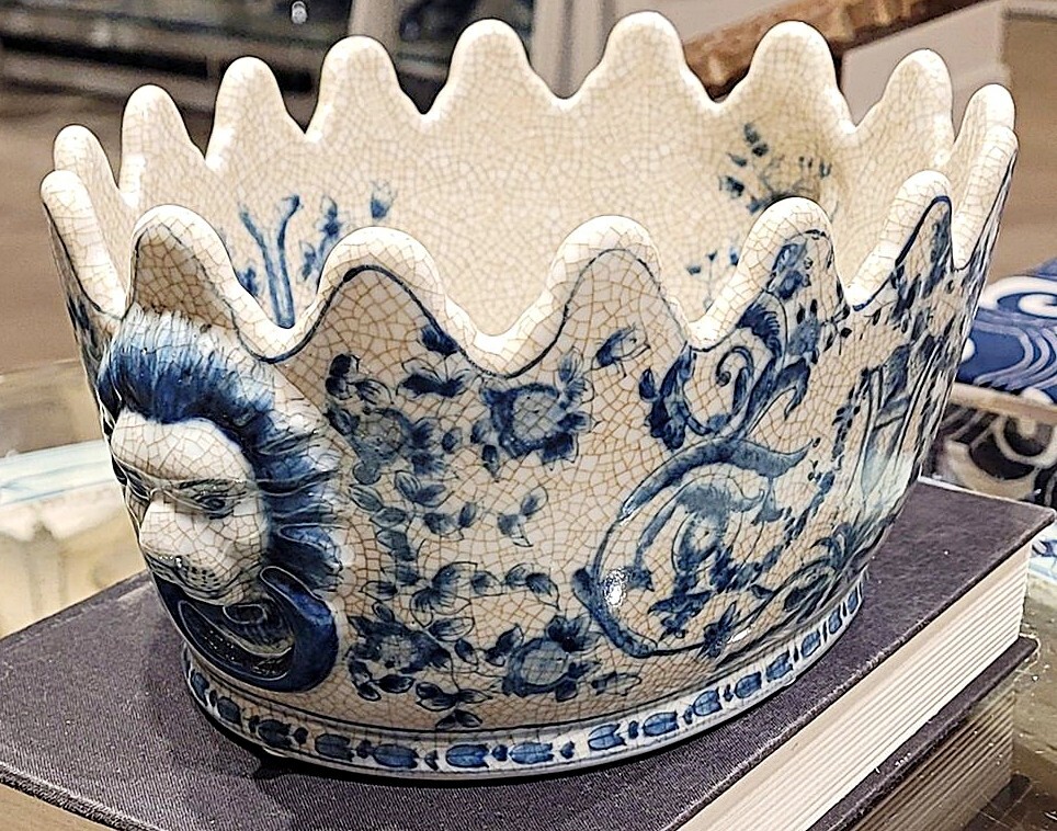 Blue, White Oval Porcelain Chinoiserie Planter. Lion Handles. Hand ...