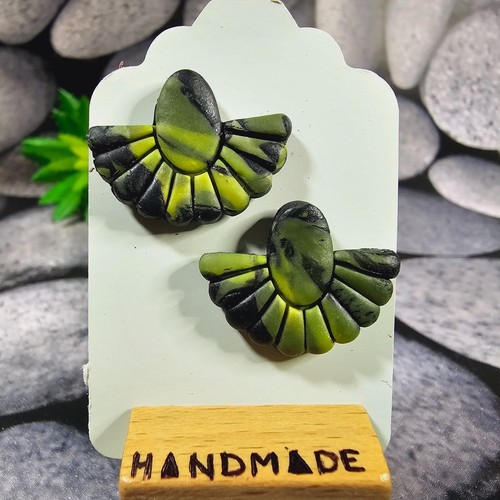 SWEET FAN GREEN MARBLE STUD EARRING POLYMER CLAY SILVER STAINLESS STEEL ...