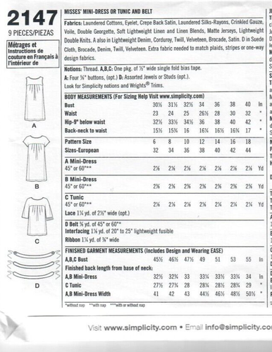 Simplicity 2147 LEARN TO SEW Mini Dress OR Tunic & Belt 6-18 UNCUT ...