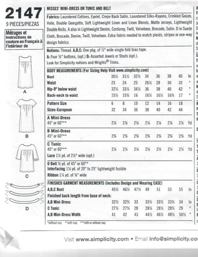 Simplicity 2147 LEARN TO SEW Mini Dress OR Tunic & Belt 6-18 UNCUT ...