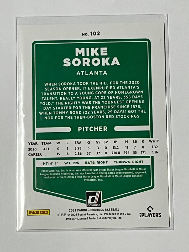 Mike Soroka 2021 Panini Donruss #102 Season Stat Line SP /224 - Atlanta ...