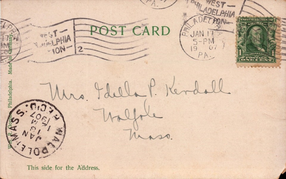 Postcard Philadelphia PA Independence Hall worn postmark 1907 Winter ...