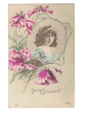 SD3595 PHOTO FANTASY GIRL IN MIRROR & FLOWER DECORATION RPPC HAND. COL ...