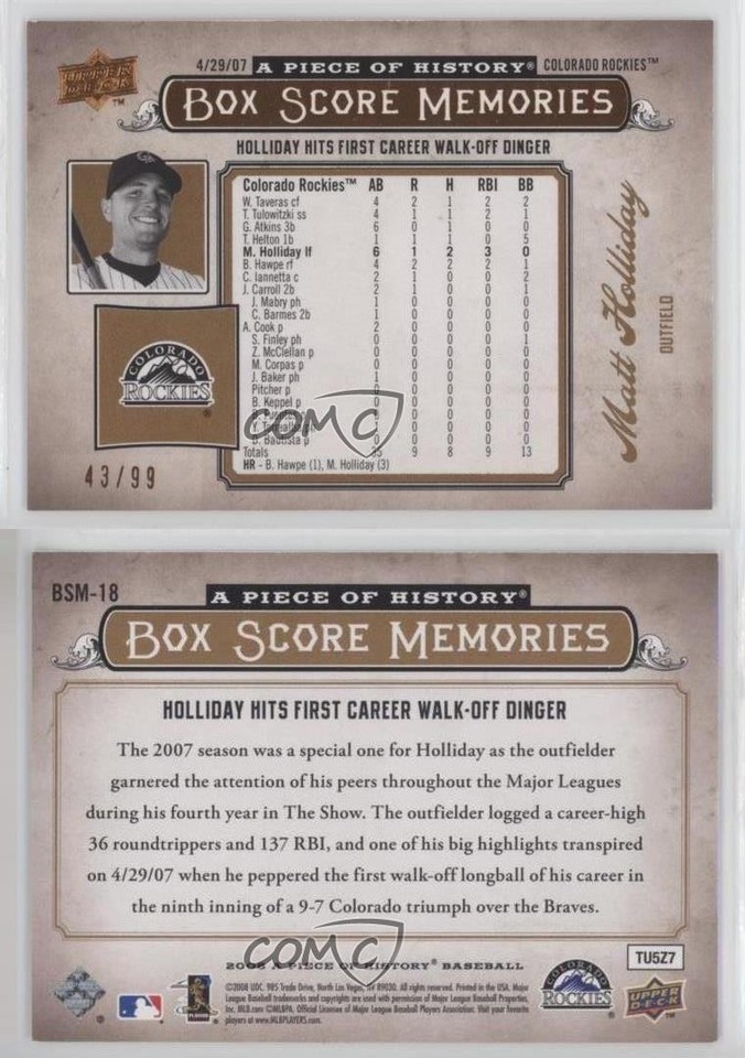 2008 A Piece of History Box Score Memories Copper 43/99 Matt Holliday ...