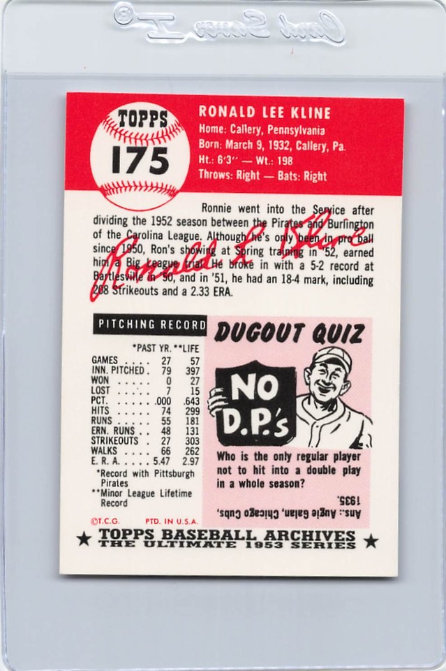 1991 Topps Archives #175 Ron Kline Pirates Signed Auto *K119 | eBay