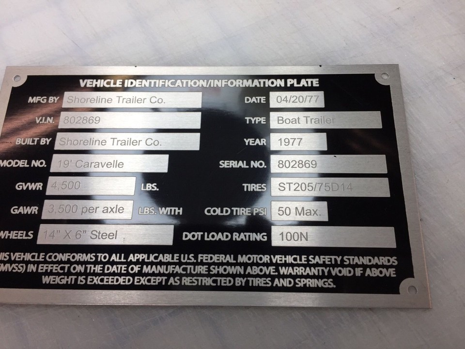 CUSTOM ENGRAVED Aluminum Trailer ID Tag Vin Plate Serial GVWR Medical ...