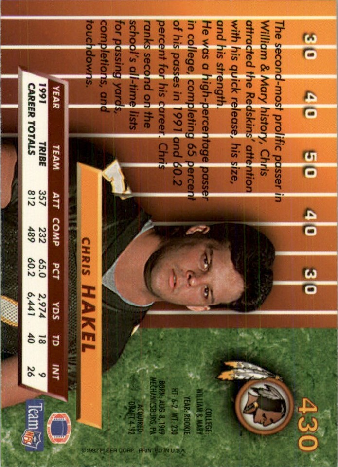 1992 Ultra NFL Chris Hakel #430 | eBay