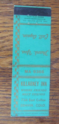 DENVER, COLORADO MATCHBOOK COVER: KILLARNEY INN EMPTY 1940s MATCHCOVER ...