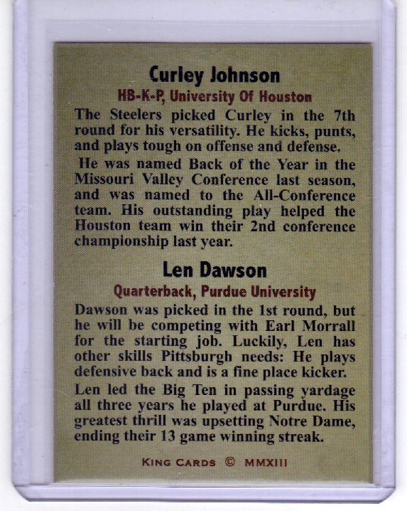 PITTSBURGH STEELERS '56 DRAFT PICKS ROOKIES LEN DAWSON & CURLEY JOHNSON ...