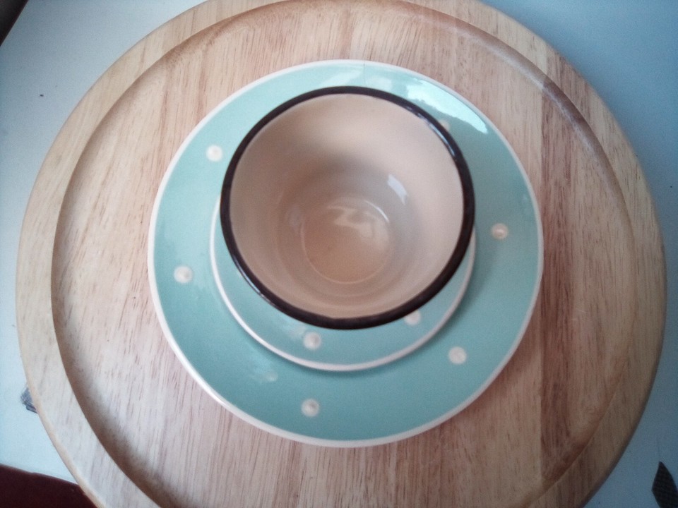 Sandygate Pottery Torquay Devon White spot on pale blue trio CUP ...