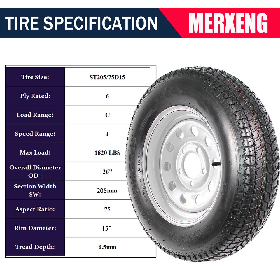 4 Set ST205/75D15 Trailer Tires with 15" Rims, 5 Lug on 4.5", Load ...