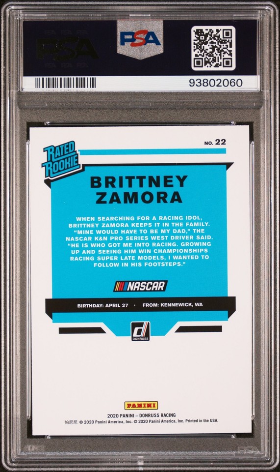 2020 DONRUSS RACING SILVER #22 BRITTNEY ZAMORA RC POP 3 PSA 10 X4042872 ...
