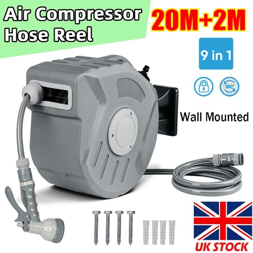 20m + 2m Garden Patio Hose Reel Wall Mounted Retractable Rewind Pipe ...