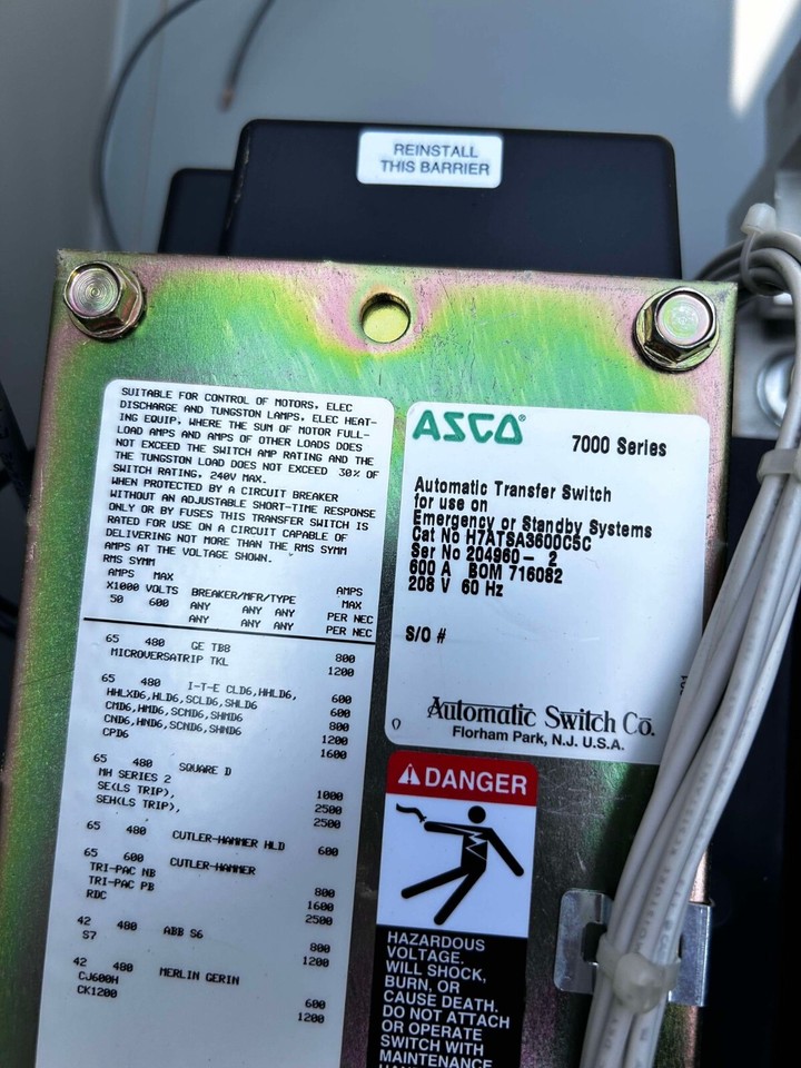 ASCO 7000 AUTOMATIC TRANSFER SWITCH ATS 600A 208V H7ATSA3600C5C (RH) | eBay