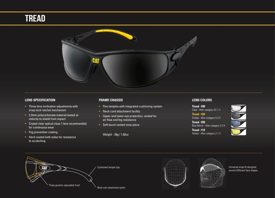 CAT Tread Safety Glasses Sunglasses Black Frame Blue Mirror Anti-Fog ...
