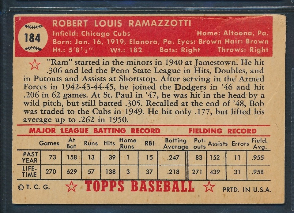 1952 Topps Set-Break #184: BOB RAMAZZOTTI Chicago Cubs ~ VG | eBay