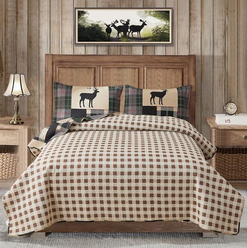 Set Full QUEEN Size Plaid Patchwork Rustic Cabin Bedding Moose Deer ...