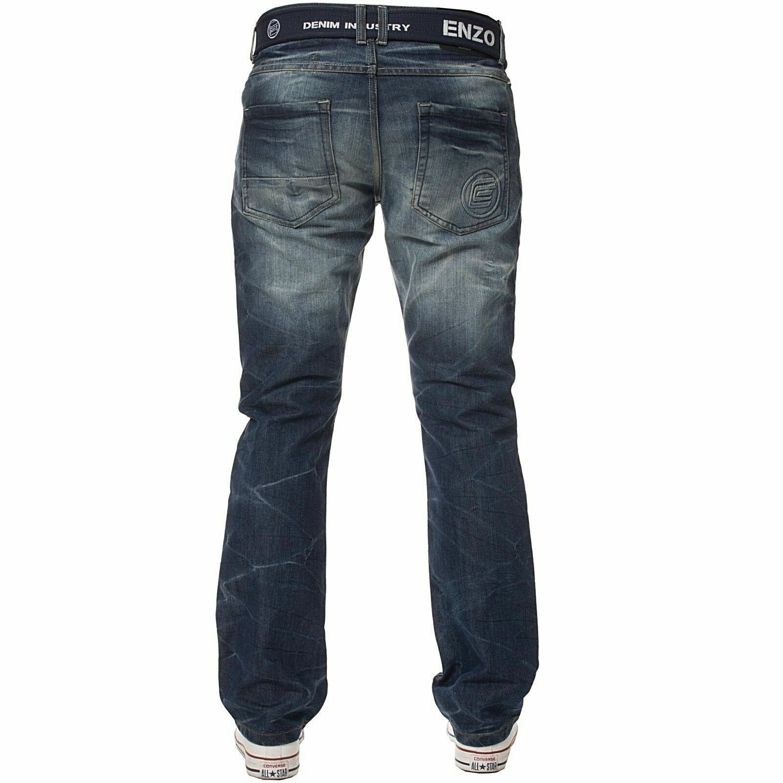 Enzo Mens Straight Leg Jeans Regular Fit Denim Pant Trousers + Free ...