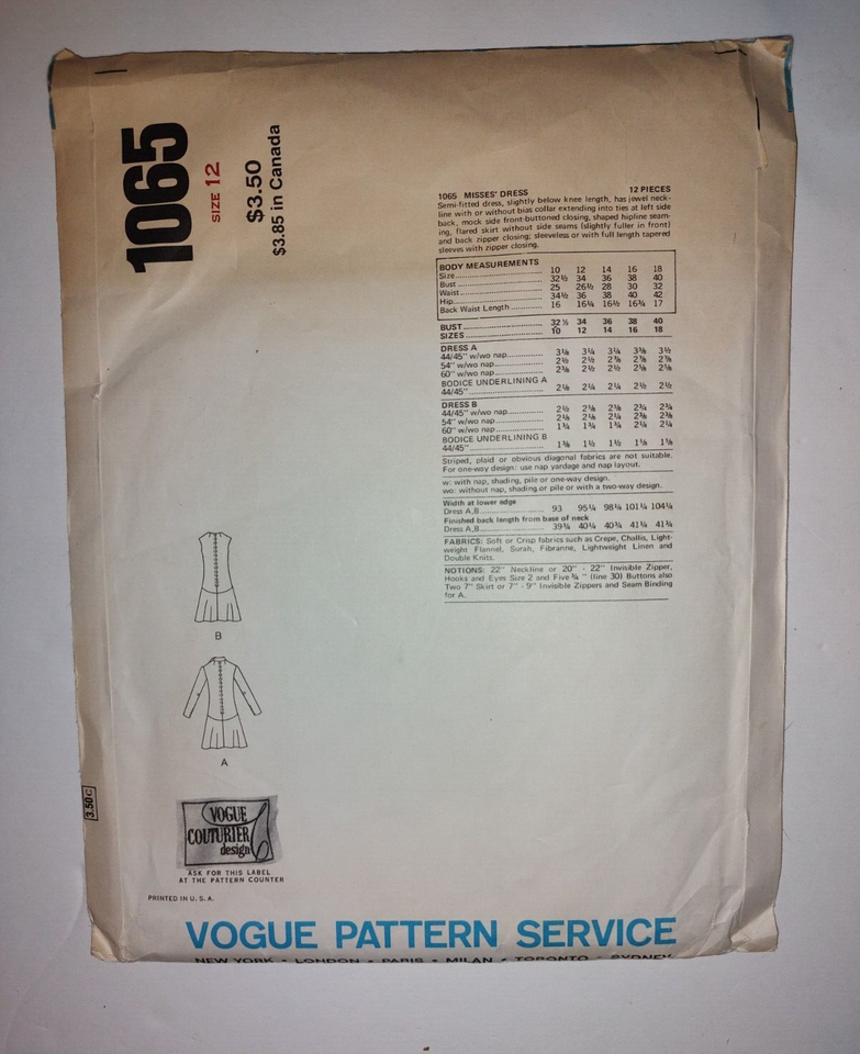 UNCUT Vintage VOGUE 1065 COUTURIER Design Fabiani Misses' Dress Size 12 ...