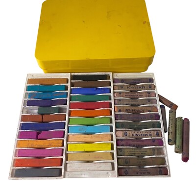 Rembrandt 15 Soft Pastels 24 Hard Pastels Yellow Metal Storage Box ...