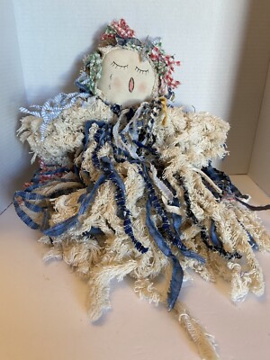 primitive hand made rag mop burlap denim doll crying tears on face | eBay