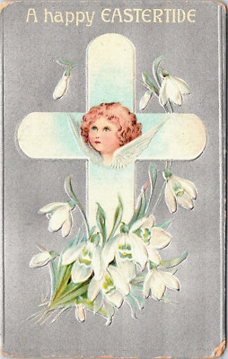 Postcard A Happy Eastertide Cherub White Cross Flowers on Silver ...