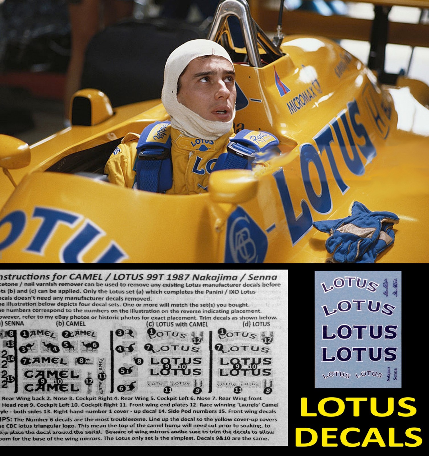 LOTUS 99T CAMEL 1987 + Senna water slide DECALS 1:43 F1 Car / Auto ...