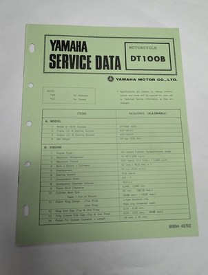 ORIGINAL OEM YAMAHA SERVICE DATA SHEETS MOTORCYCLE SPECIFICATIONS ...