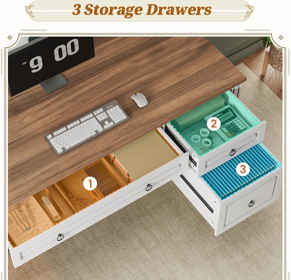 Farmhouse Office Desk with Hutch, 47.3" Executive Desk, 3 Drawer ...