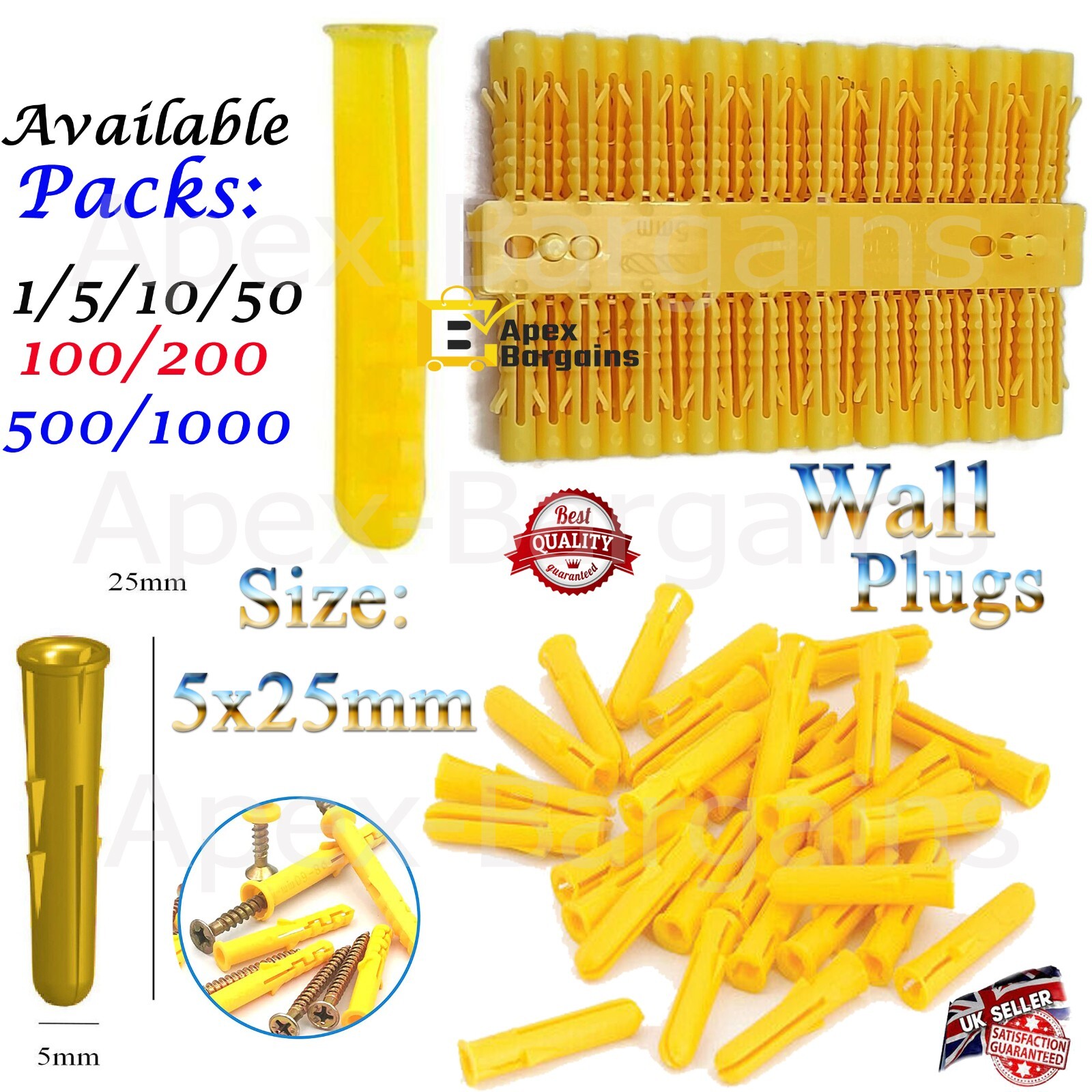 10/1000x Wall Fixing Plugs Screws Concrete Raw Brick Stone Plasterboard ...