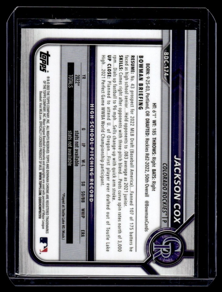 2022 Bowman Draft Chrome Jackson Cox Colorado Rockies #BDC-174 | eBay