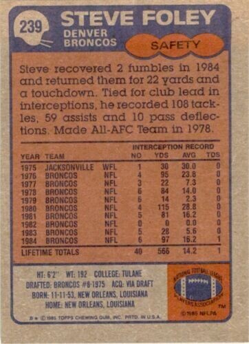 1985 TOPPS; STEVE FOLEY DENVER BRONCOS #239 | eBay