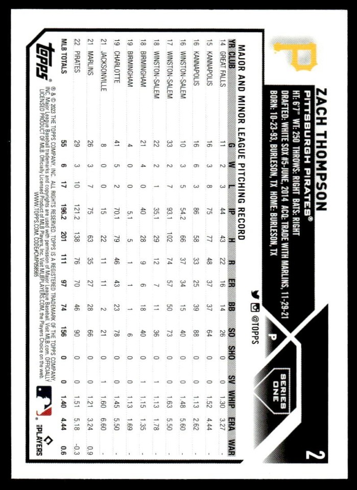 2023 Topps Gold Foil 2 Zach Thompson Pittsburgh Pirates MLB baseball ...