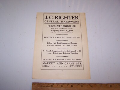 1913 J.C. RIGHTER HARDWARE Paper Print Ad SALEM NEW JERSEY Frisco-Zero ...