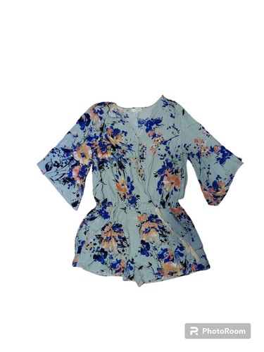 Umgee Romper Shorts Women’s 1X Blue Floral Kimono Sleeves Boho Festival ...