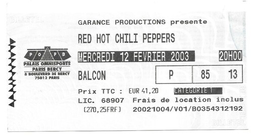 RARE / TICKET BILLET CONCERT - RED HOT CHILI PEPPERS : LIVE A PARIS ...