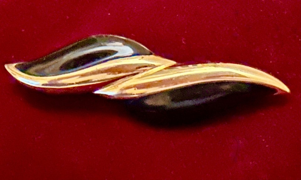 Monet Twisted Bar Style Black Enamel Brooch Shiny Gold 3.0" Safety ...