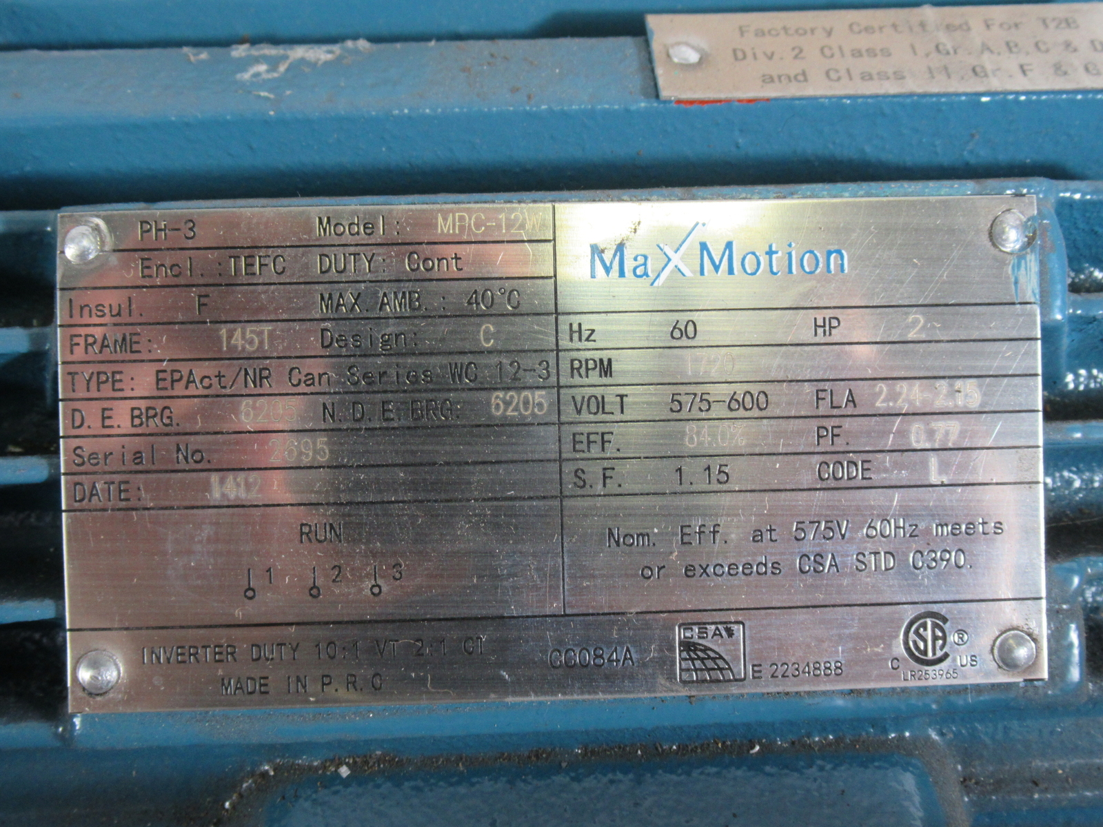 MaxMotion MPC-12W Motor 2HP 1720RPM 575-600V 145T TEFC 3PH 60HZ Shelf ...