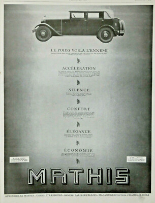 PUBLICITÉ DE PRESSE 1929 AUTOMOBILES MATHIS 4 CYLINDRES 4 VITESSES EN ...
