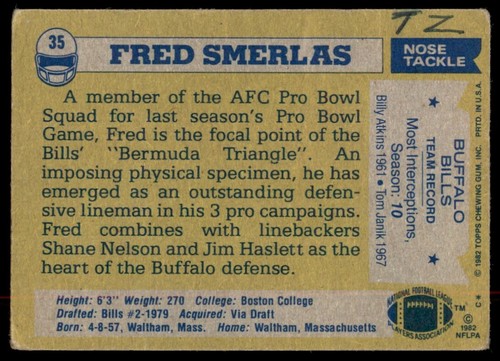 1982 Topps (Writing on the back) Fred Smerlas Buffalo Bills #35 | eBay