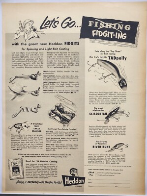 1954 Heddon Tackle Fidgits Fishing Print Ad Dewagiac Michigan | eBay