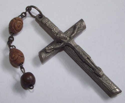 Religious cross rosary parts crucifix pendant INRI 3 carved wood beads ...