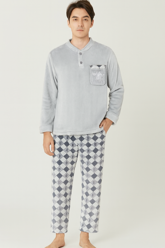 Mens PJ's Fleece Set Pyjamas Thermal Crew neck Designer Long Sleeve ...