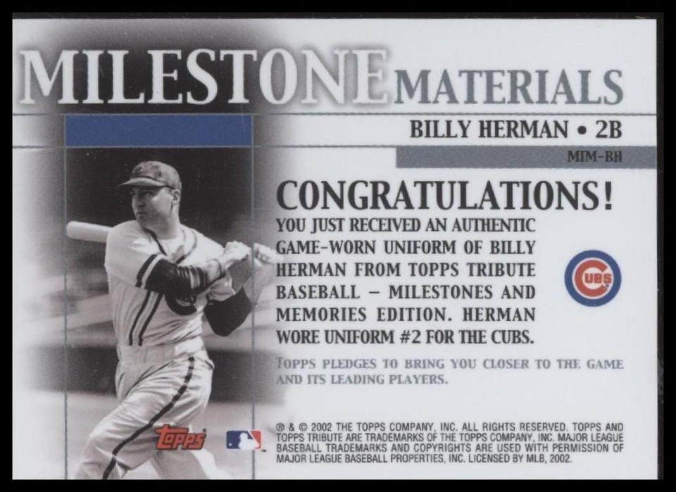 2002 Topps Tribute #MIM-BH Billy Herman Milestone Materials | eBay