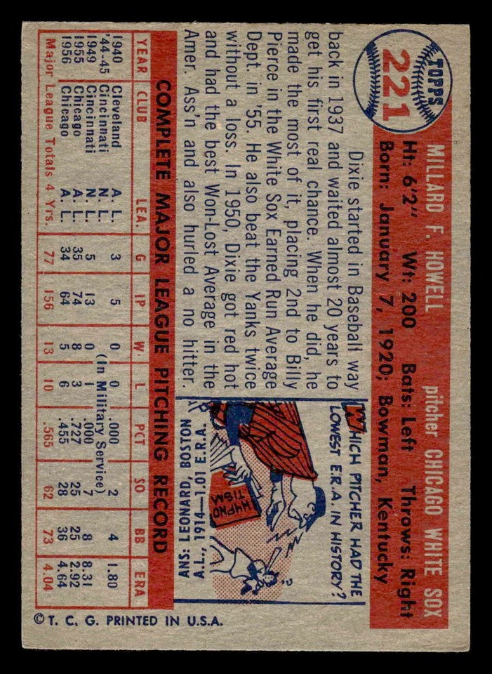 1957 Topps #221 Dixie Howell - EX-EXMT *TedsCardShack* | eBay