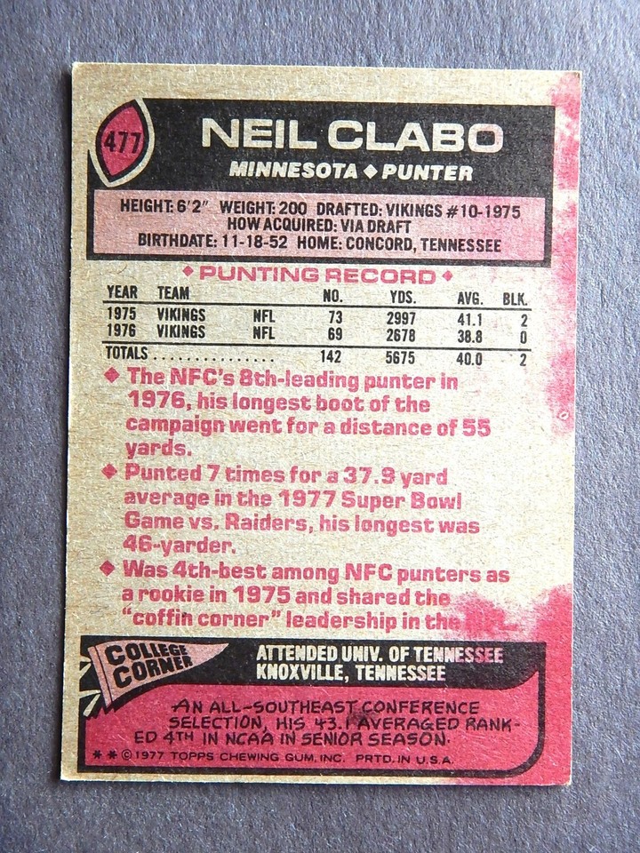 Neil Clabo #477 Topps 1977 Football Card (Minnesota Vikings) G | eBay