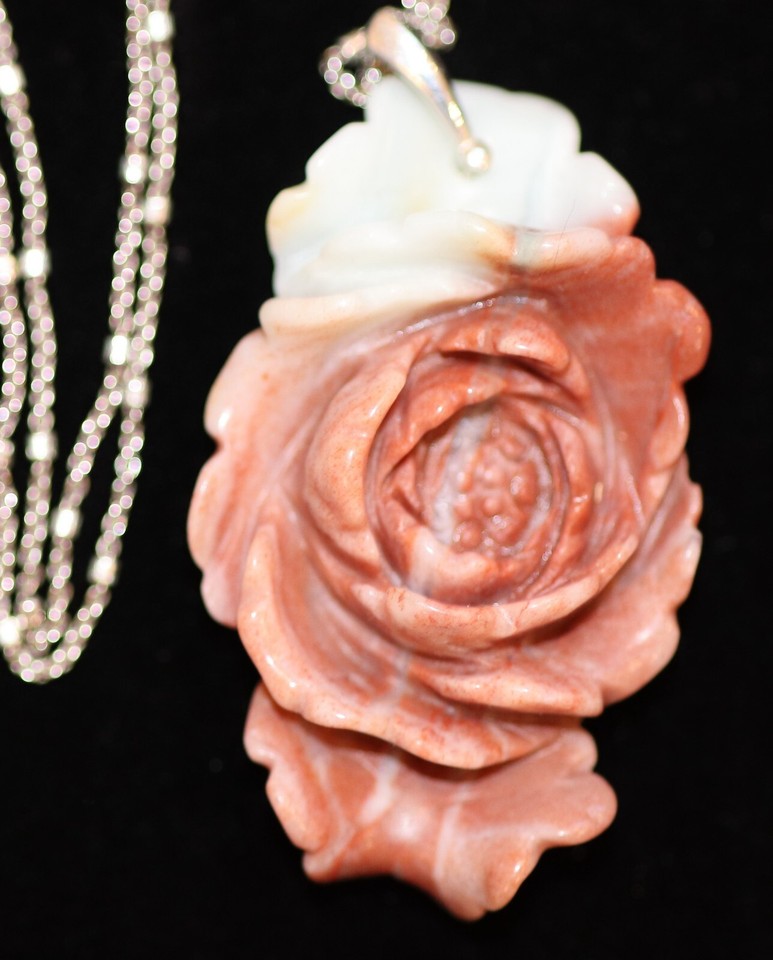 Hand Carved Blushing Rose Gemstone Pendant Sterling Silver 18" Bead ...