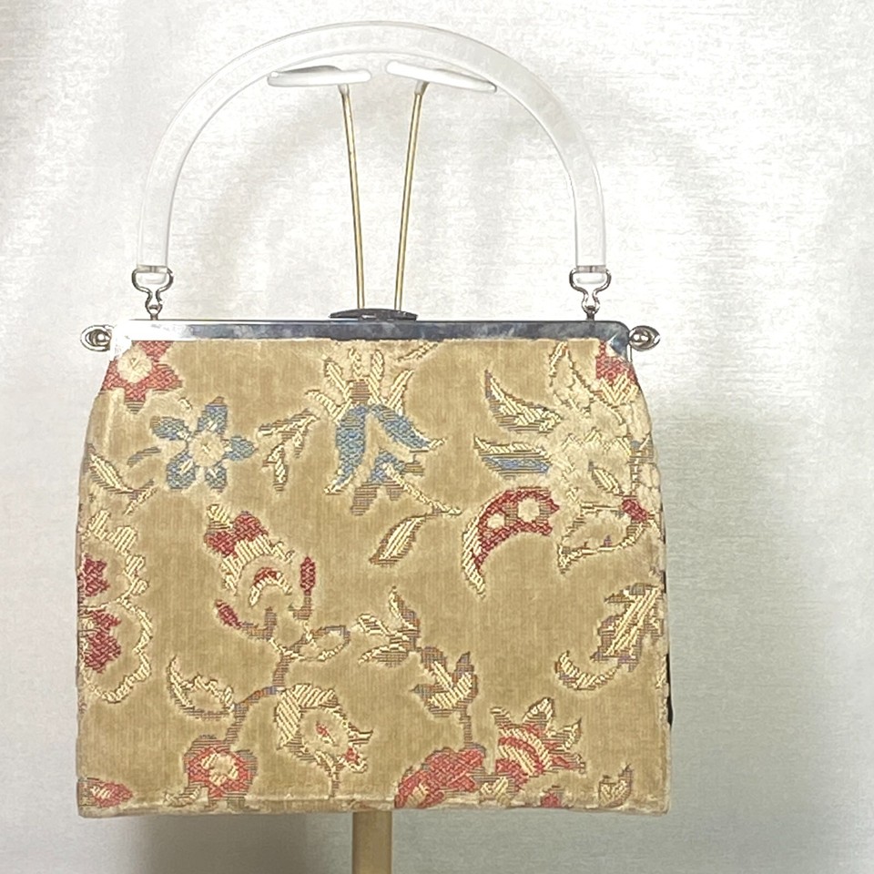 Vintage 60s 3 Way Purse Black Faux Leather Fabric Brocade Lucite Handle ...