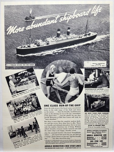1937 SS Pennland Red Star Lines Cruise Ship Arnold Bernstein Print Ad ...