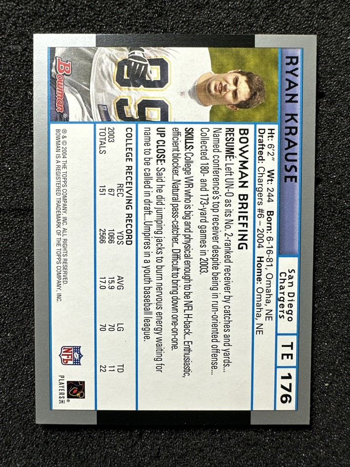 2004 Bowman Football RYAN KRAUSE #176 RC Rookie Card San Diego Chargers ...